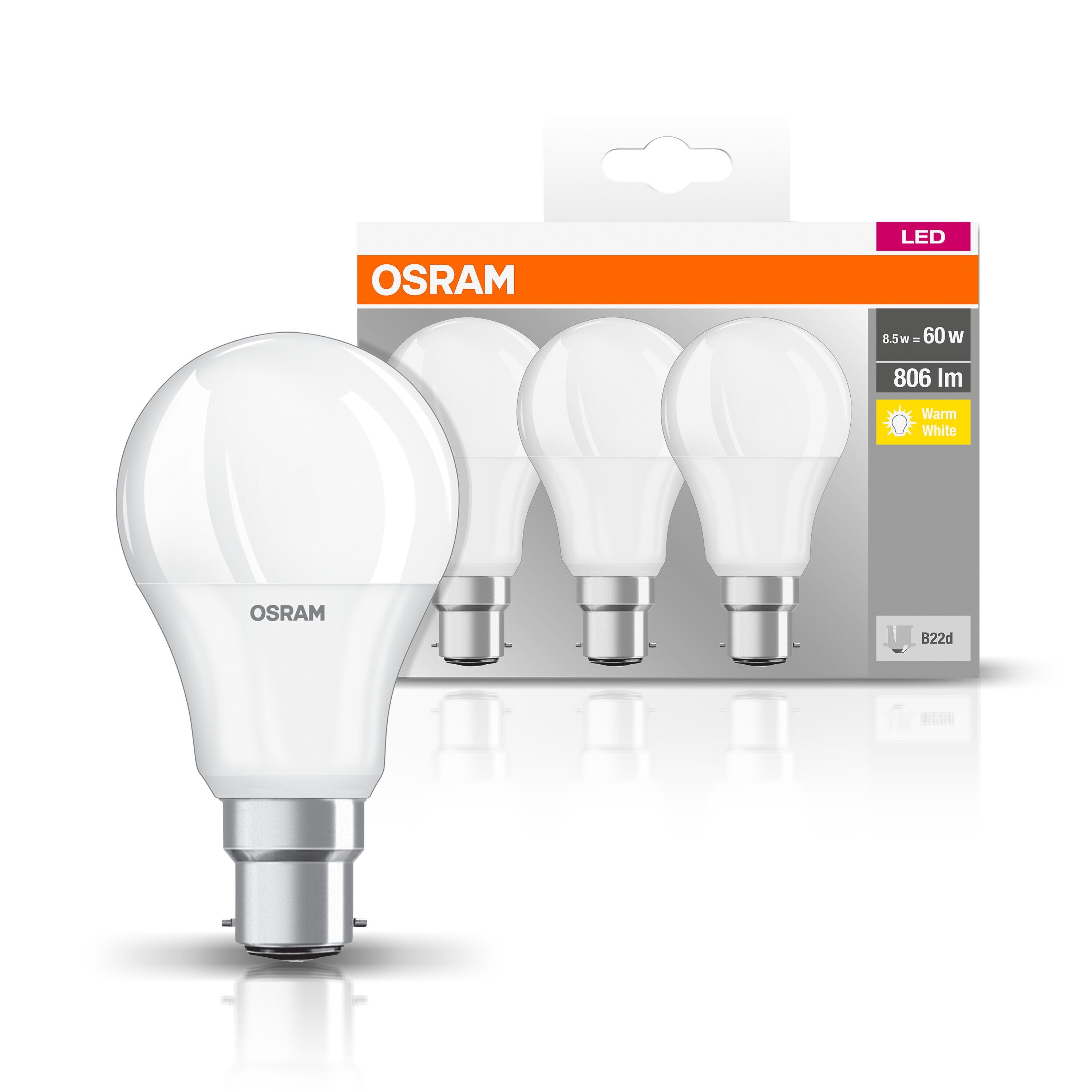 OSRAM BASE CLA60 8,5W/827 230VFR B22D FS3, paquet de 3 – LEDVANCE France